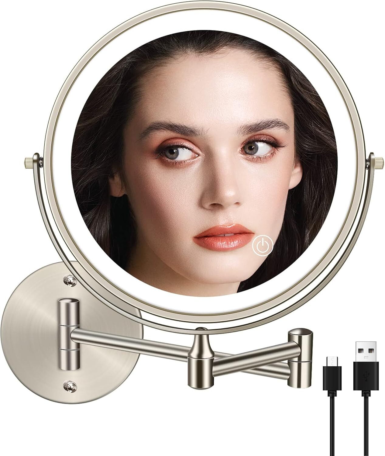 Rechargeable Lighted Wall Mounted Makeup Mirror, 8" Double-Sided 1X/10X ...