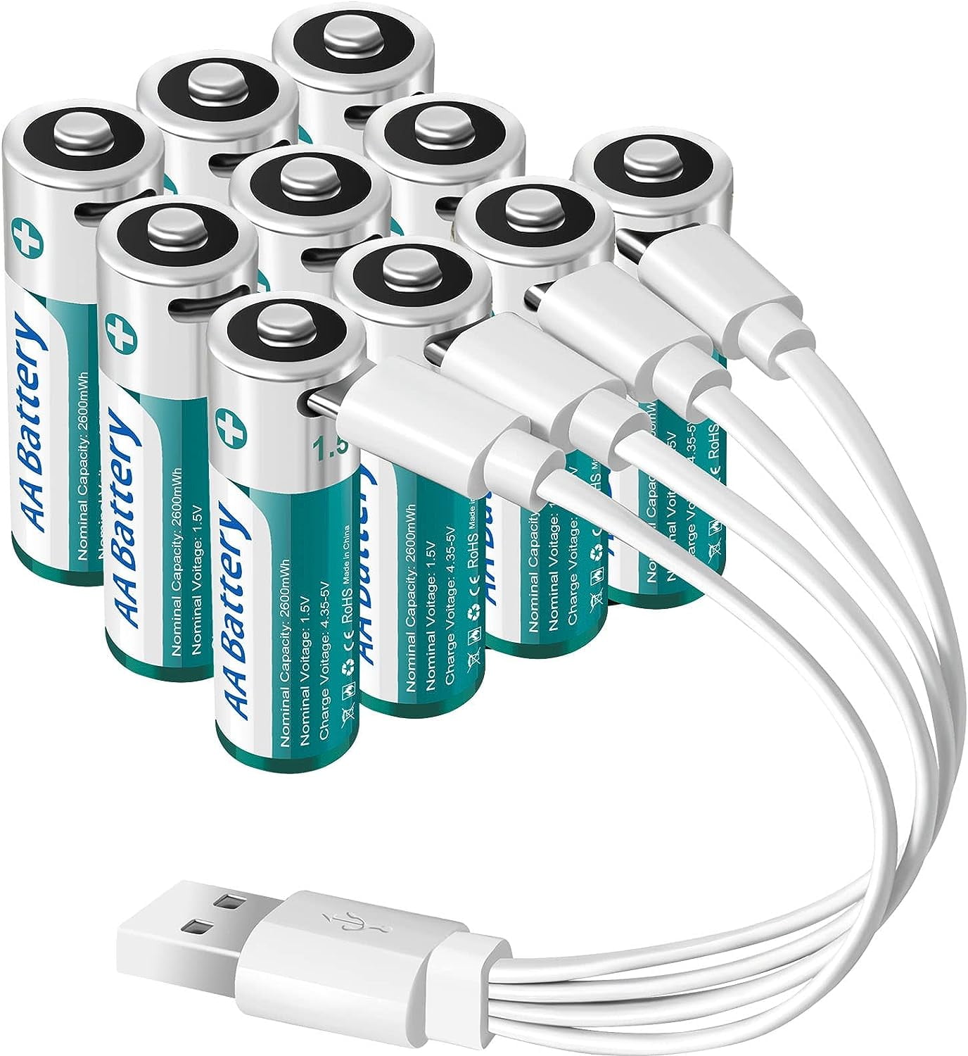 Rechargeable Lithium AA Batteries 10 Pack with Charging Cable, USB ...