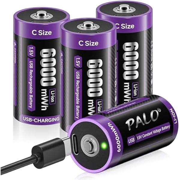 Rechargeable Lithium C Batteries 4 Pack, 1.5V C Cell Batteries with 2 ...