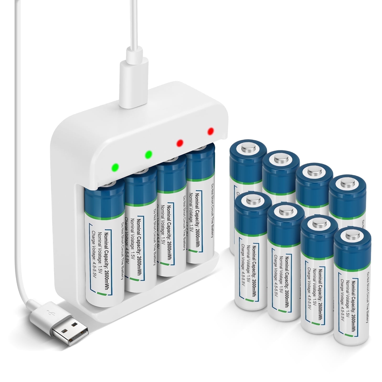 wowpower Rechargeable Lithium-ion AA Batteries, 12 Pack 1.5V 2600mWh ...