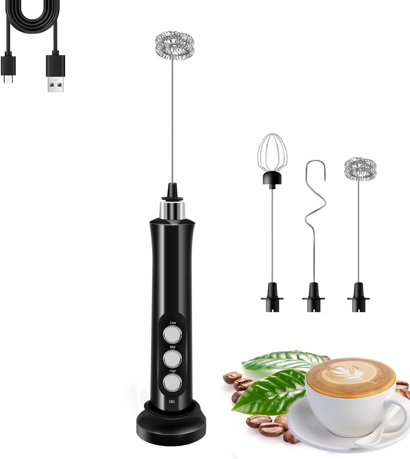 chalian - Rechargeable Milk Frother Handheld with 3 Detachable ...