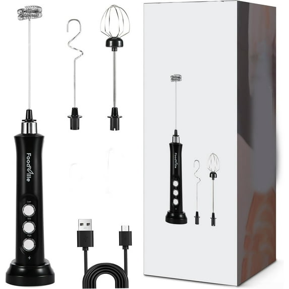 Rechargeable Milk Frother Handheld with 3 Detachable Stainless Steel ...
