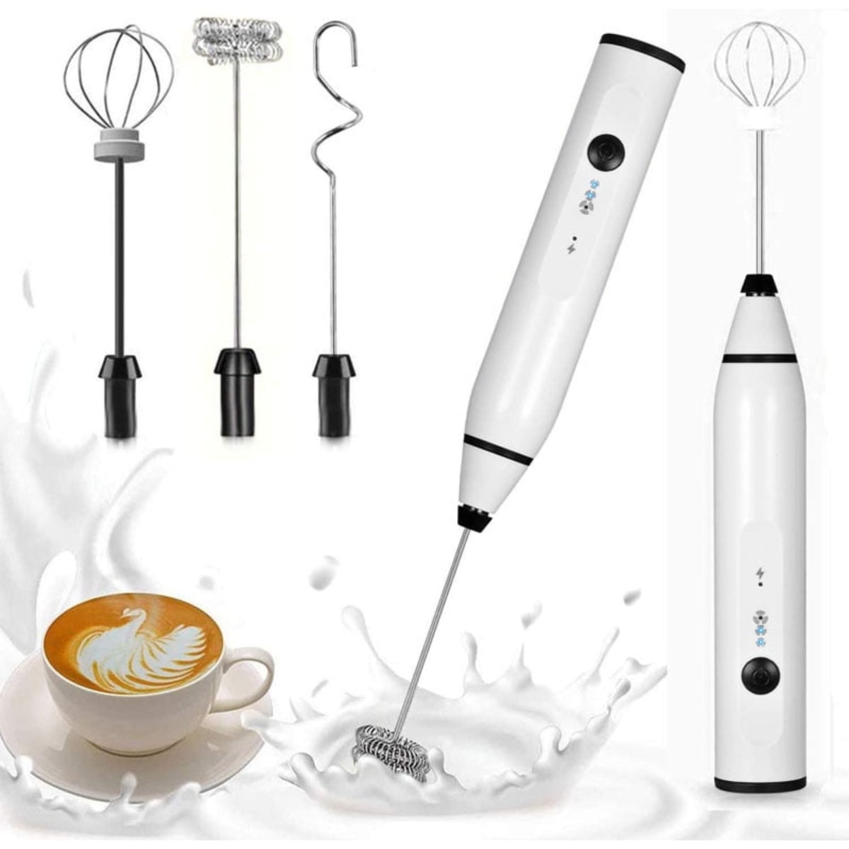 Rechargeable Milk Frother Handheld with 3 Heads, Coffee Electric Whisk ...