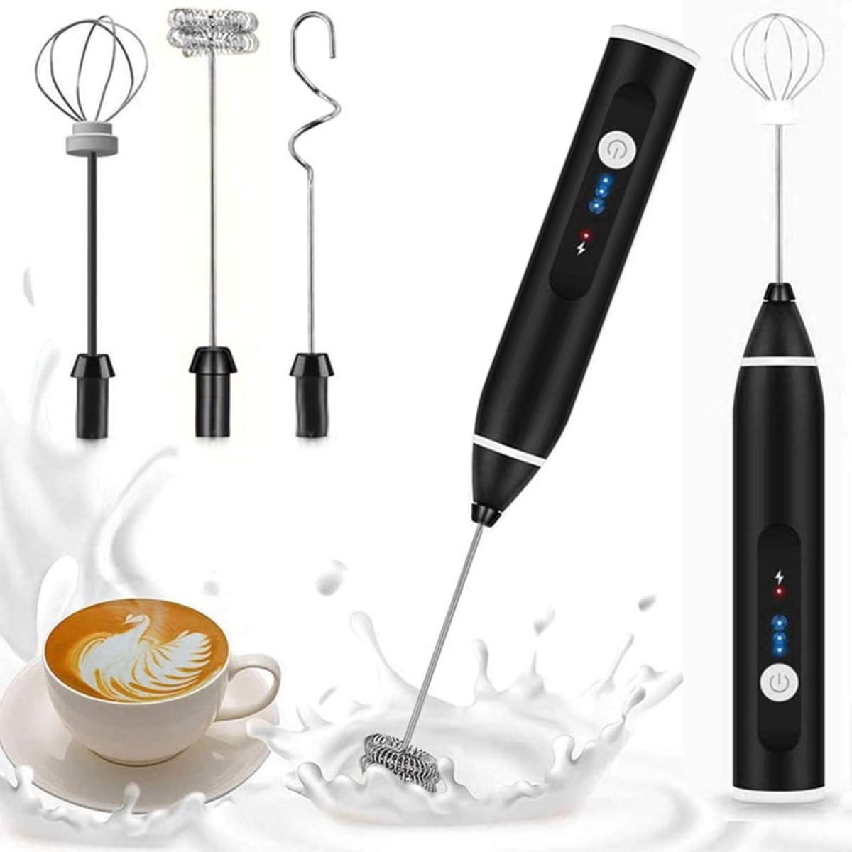 Rechargeable Milk Frother Handheld with 3 Heads, Coffee Electric Whisk ...