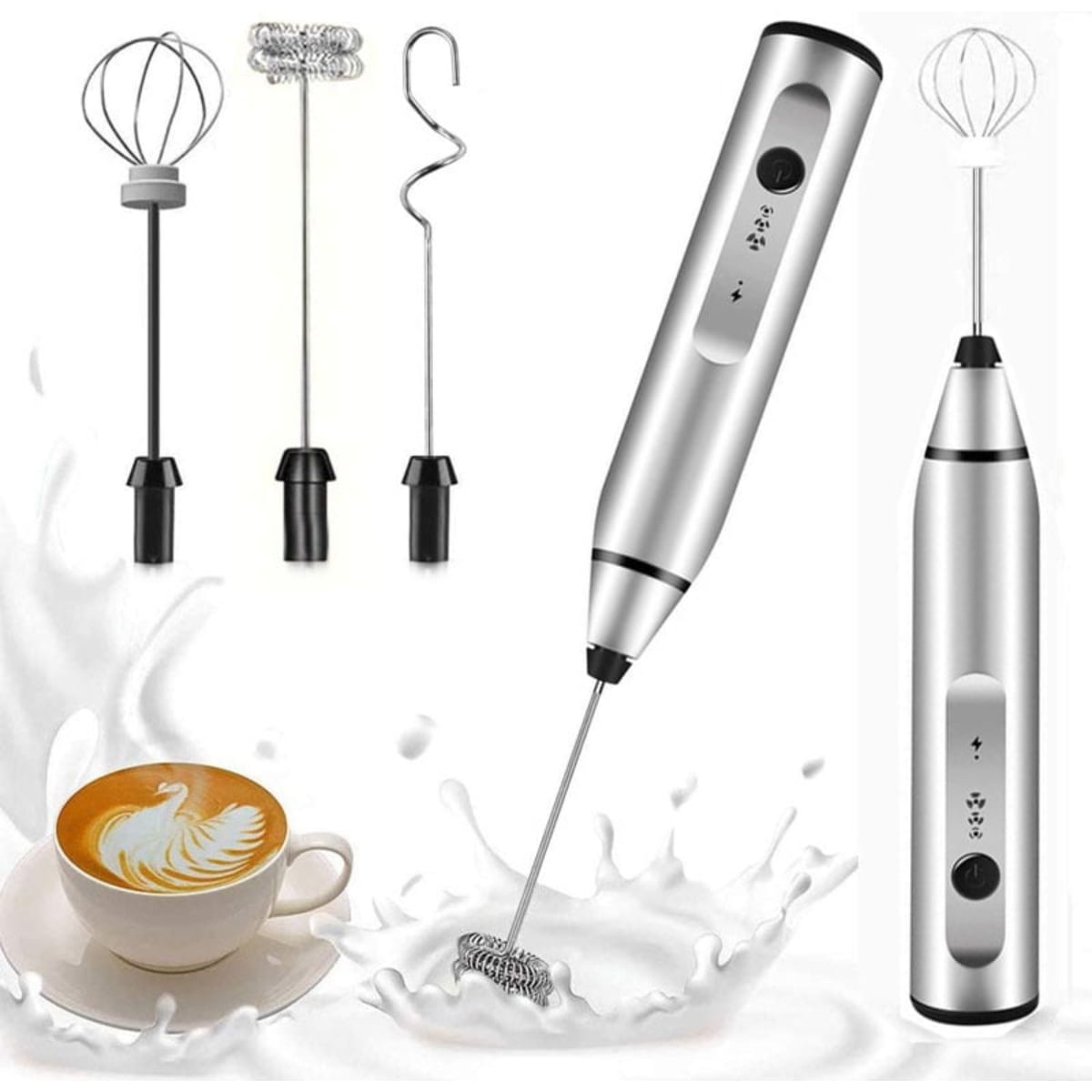Rechargeable Milk Frother Handheld with 3 Heads, Coffee Electric Whisk ...
