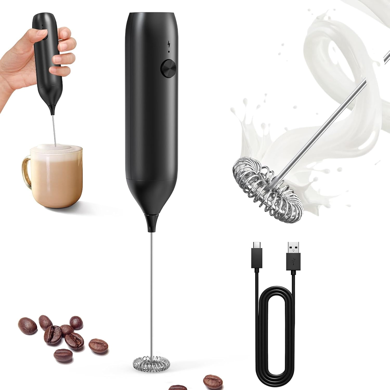 Rechargeable Milk Frother Handheld, Coffee Frother Wand Drink Mixer ...