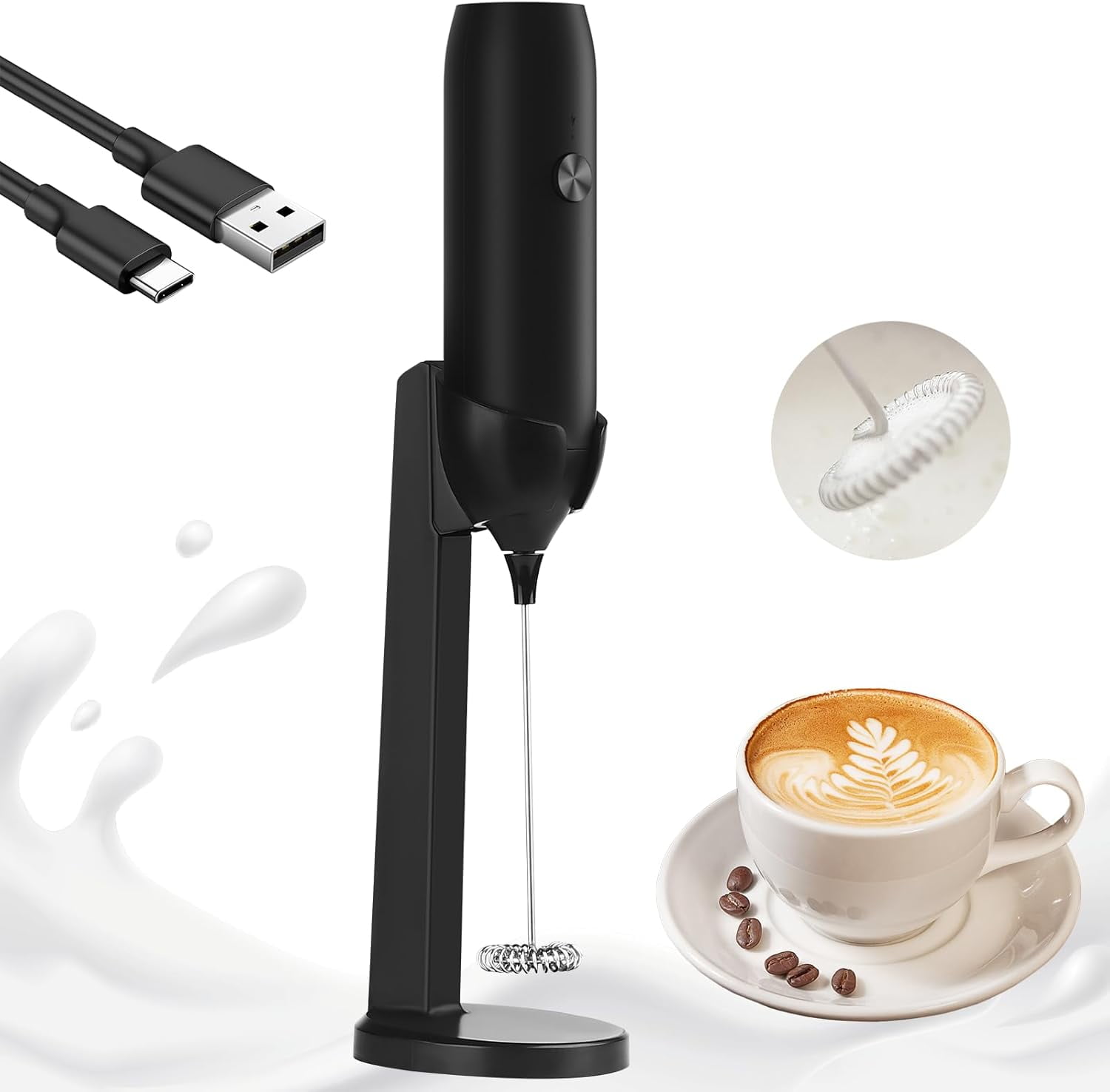 Rechargeable Milk Frother Handheld USB Type-C, Powerful Electric Foam Maker with Stand, Mini ...