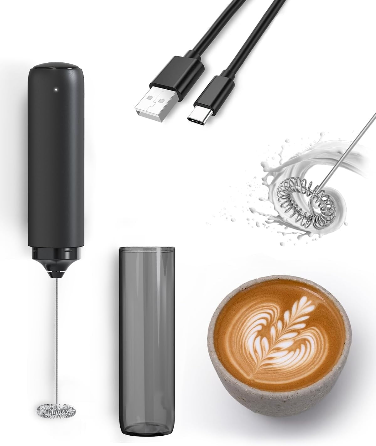 Rechargeable Milk Frother USB, Handheld Electric Foam Maker with Whisk ...