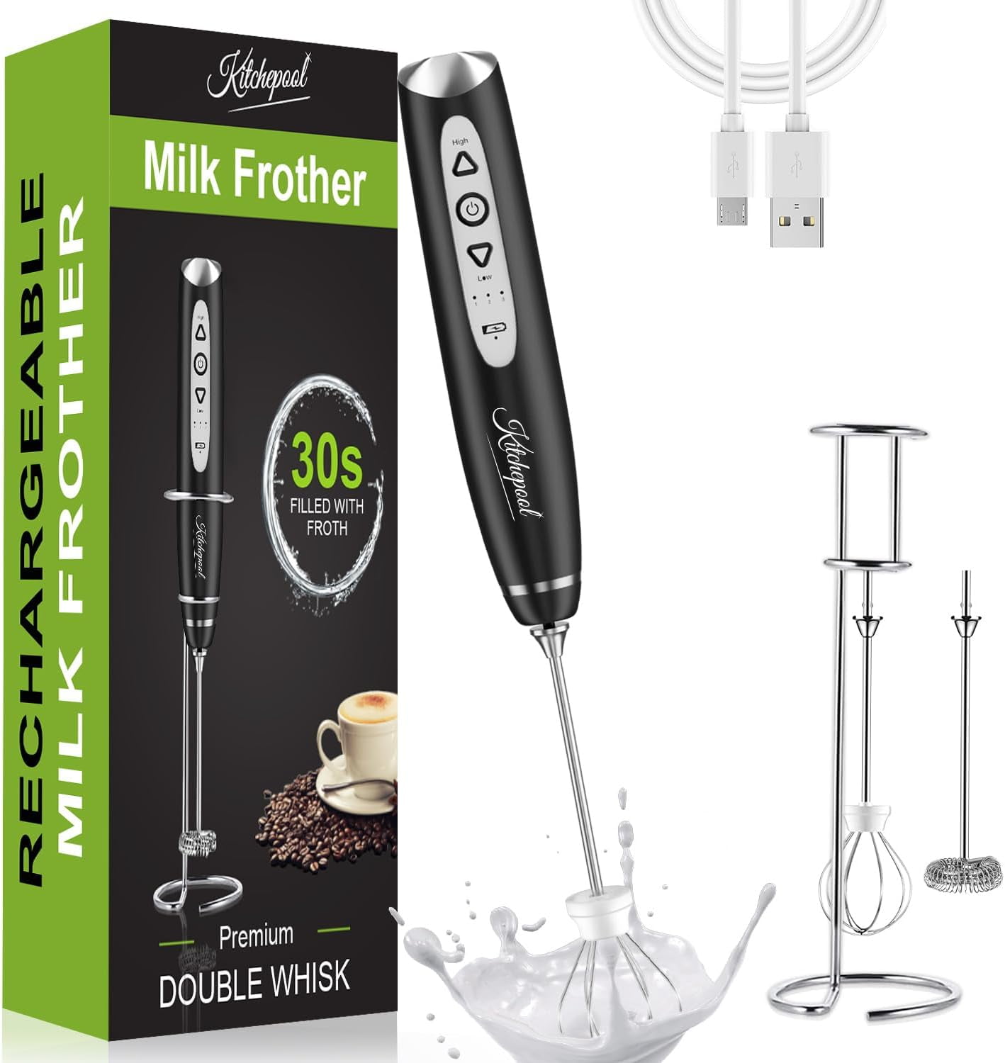 Rechargeable Milk Frother Wand with Stand for Coffee, Electric Whisk 3 ...