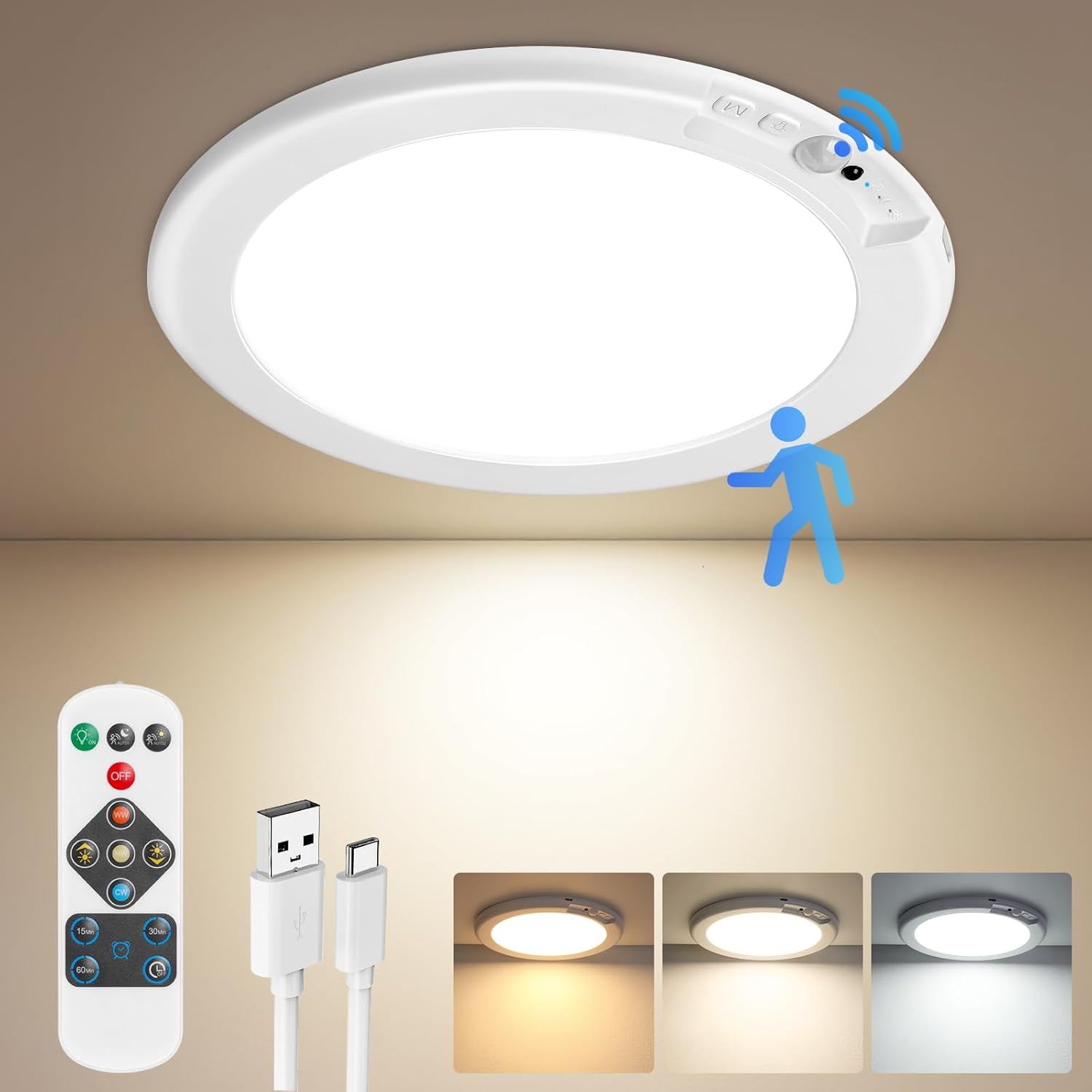Rechargeable Motion Sensor Ceiling Light with Remote, Battery Operated ...