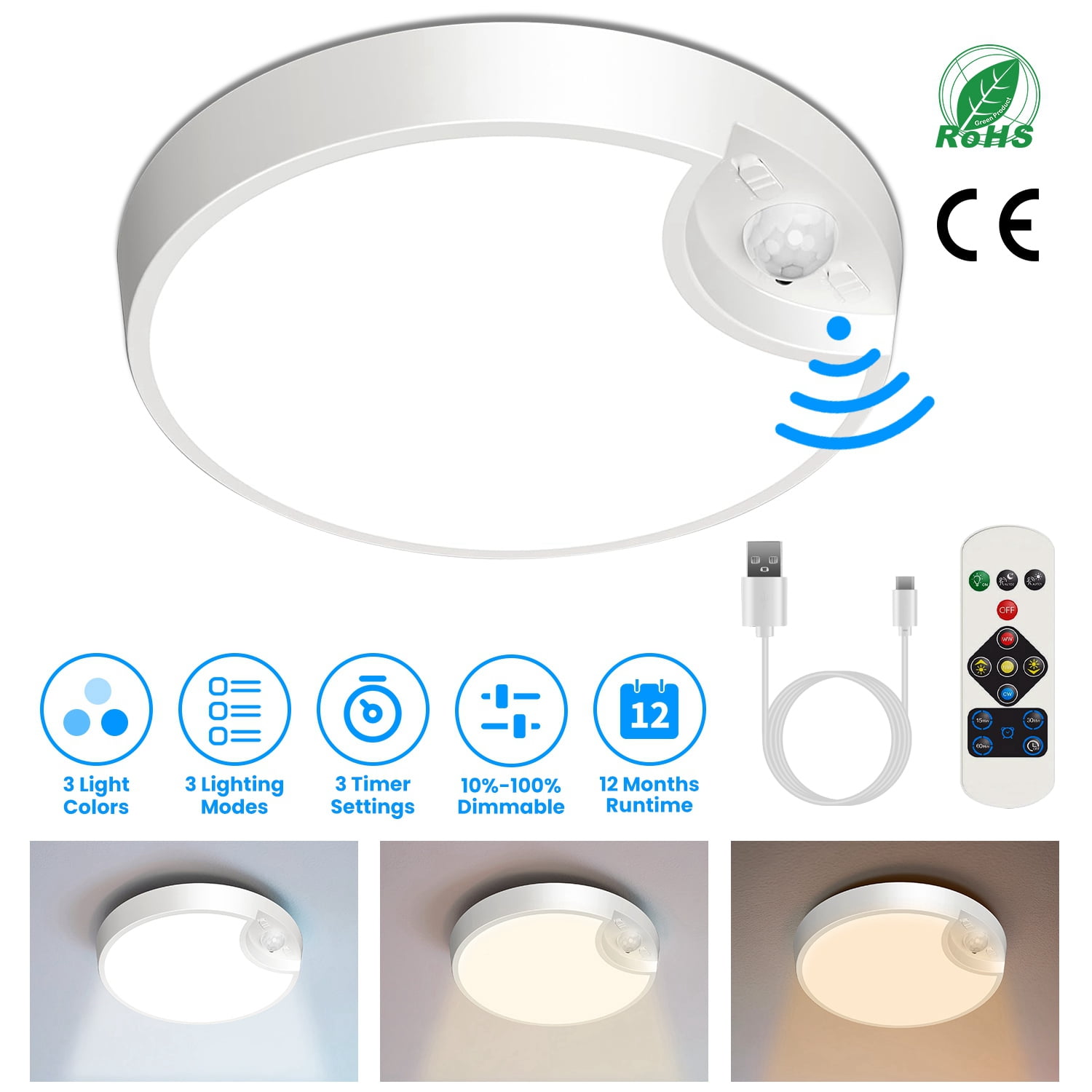 Rechargeable Motion Sensor Ceiling Light, iMounTEK Battery Powered LED ...