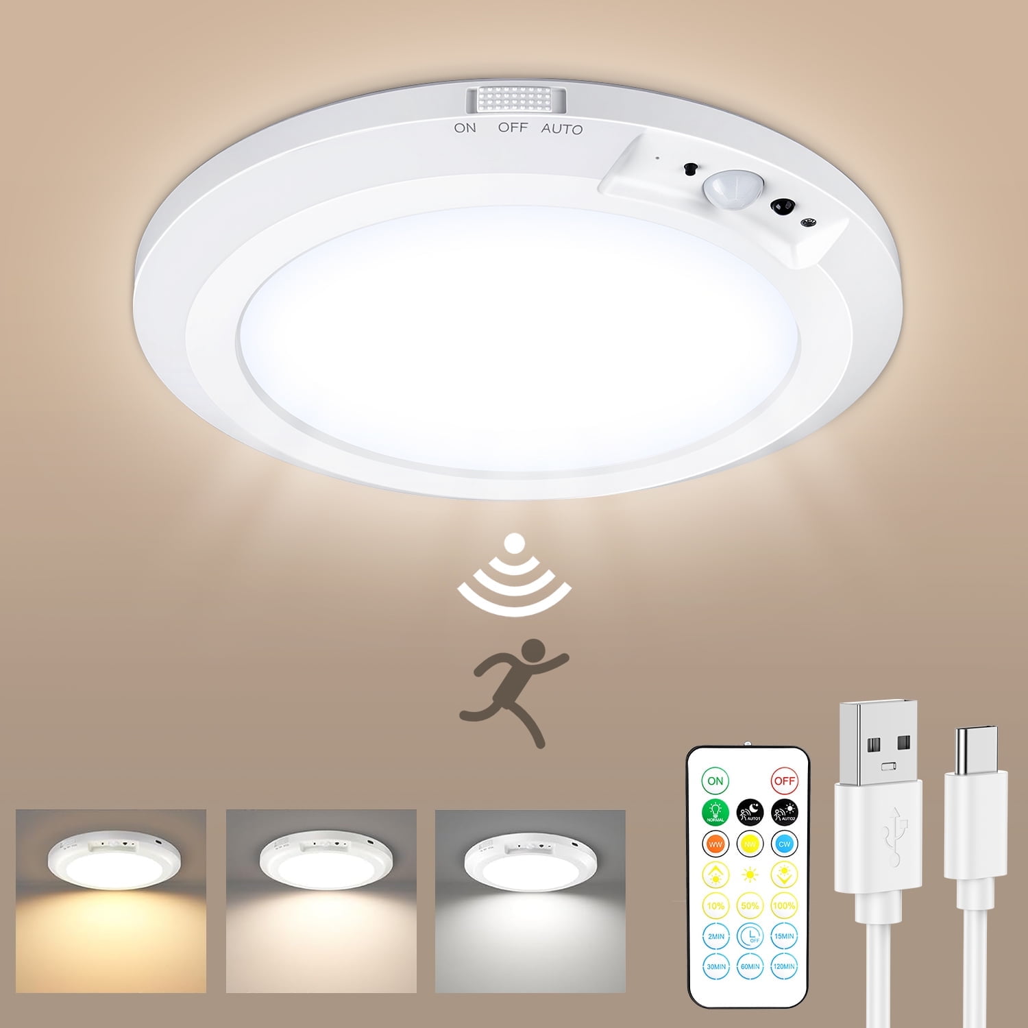 Hootek Rechargeable Motion Sensor Ceiling Light With Remote Control ...