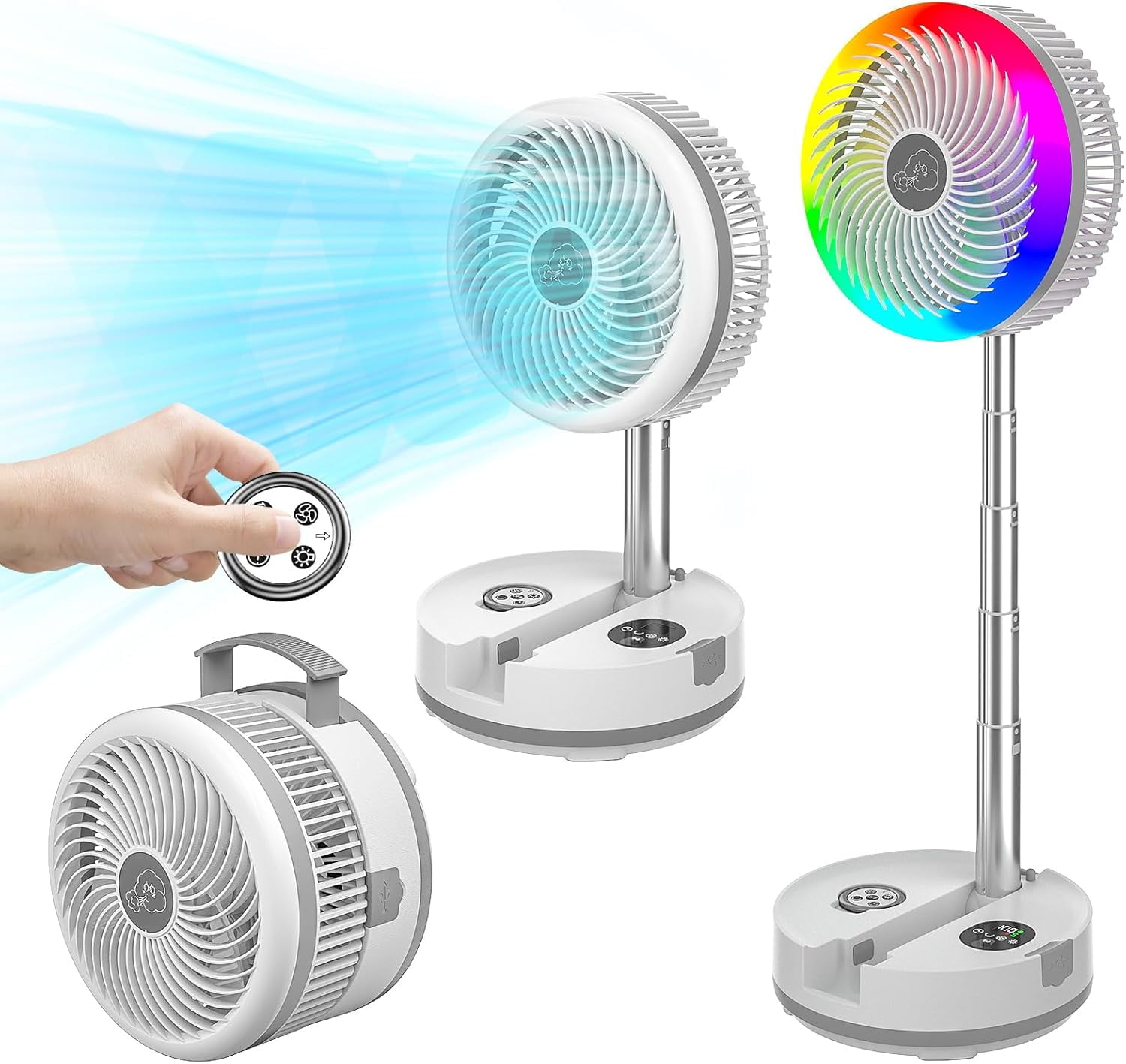Rechargeable Pedestal Fan with RGB Lighting, Remote/Timer, 40000mAh ...