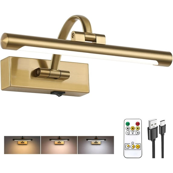 Rechargeable Picture Light with Remote Control,12 Inch Brass Finish ...