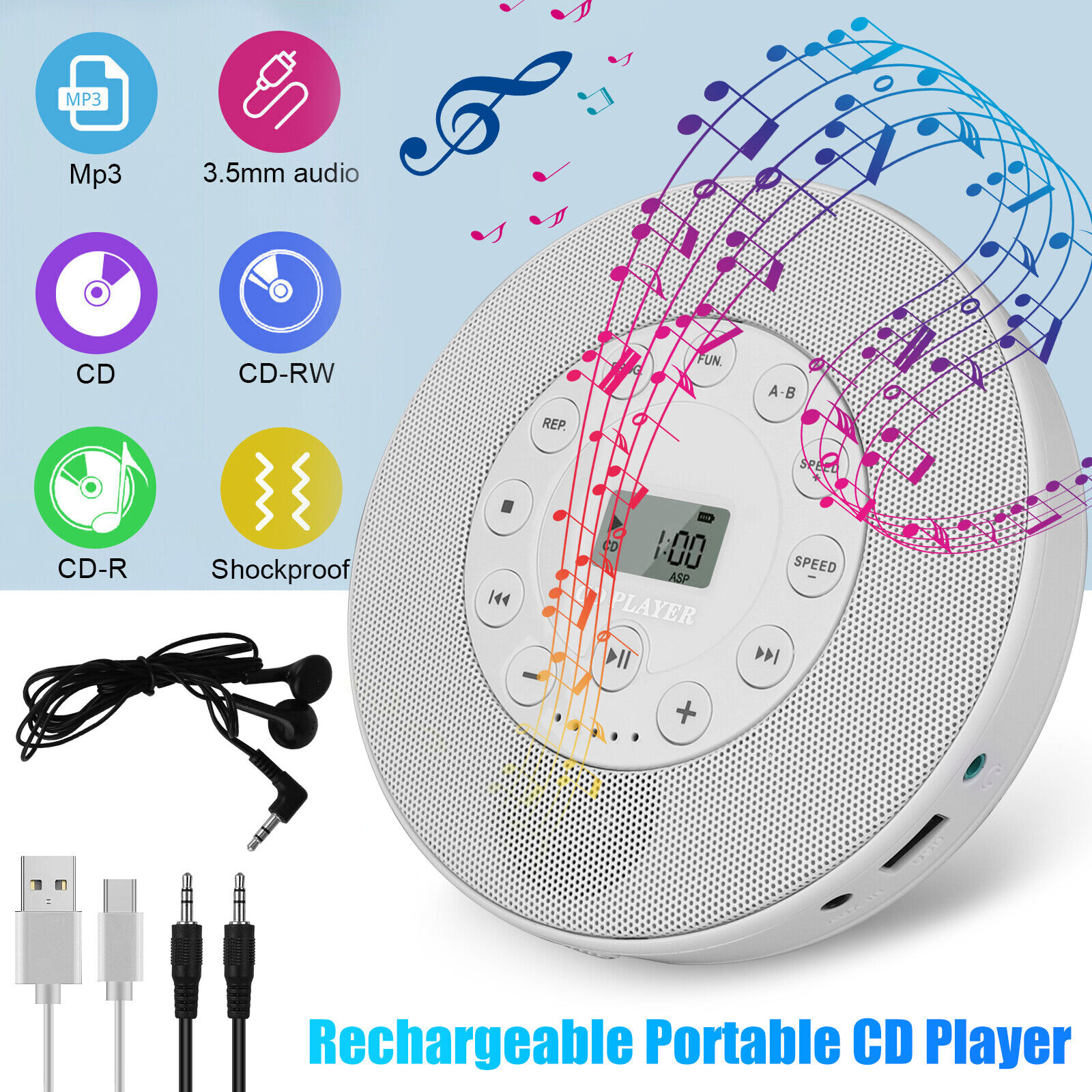 Rechargeable Portable Walkman CD Player Stereo for Car Travel Home ...