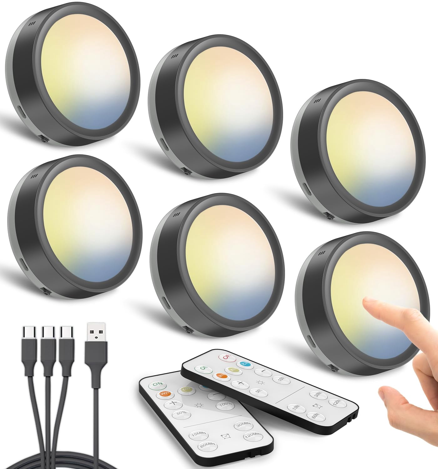 Rechargeable Puck Lights with Remote Control, Black 1600mAh Operated ...