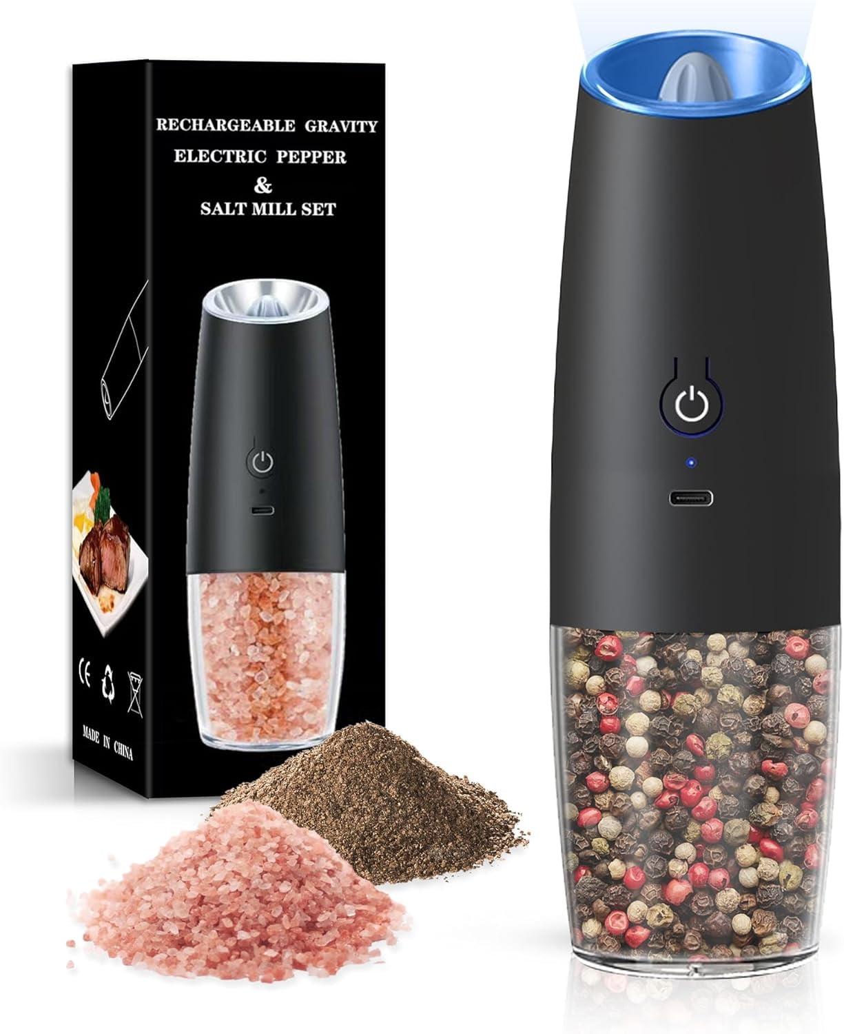 Rechargeable Salt And Pepper Grinder Set with LED Light, Automatic ...