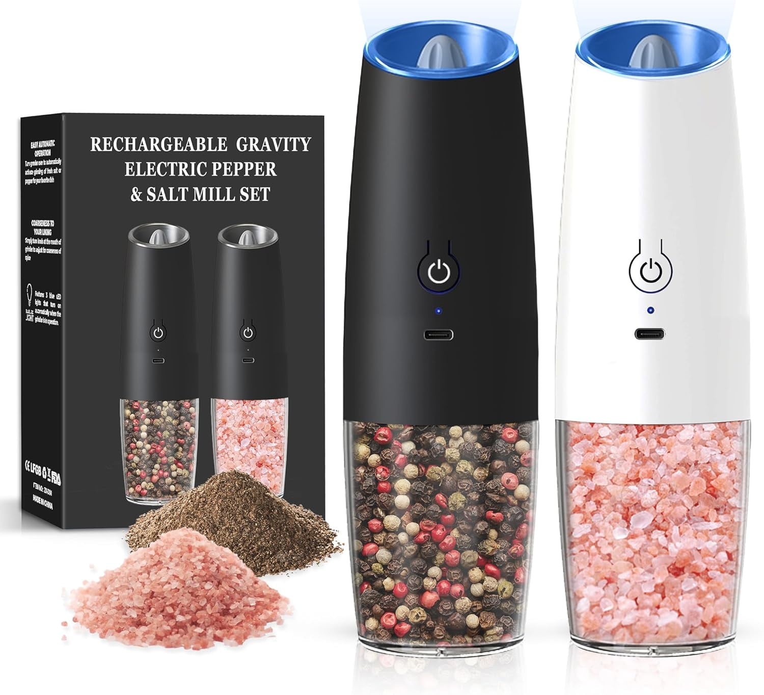 Rechargeable Salt And Pepper Grinder Set with LED Light, Automatic ...