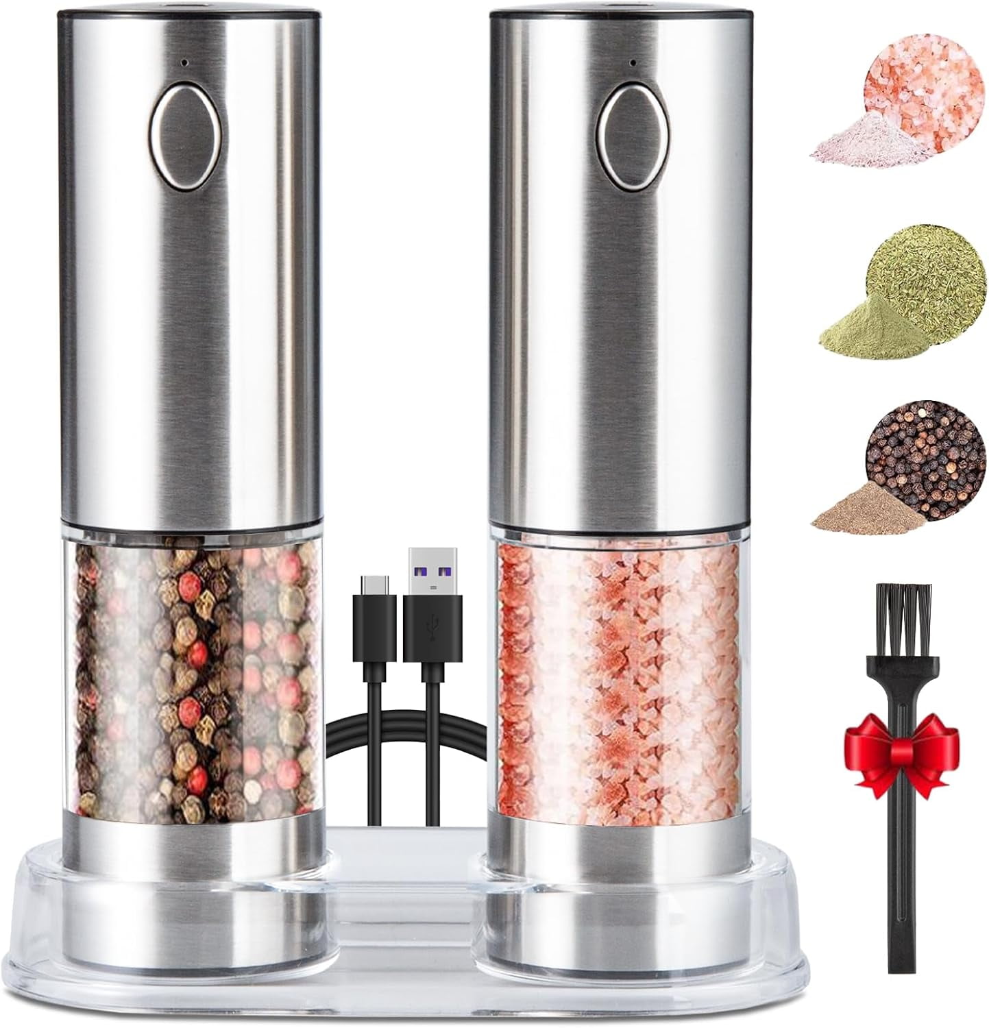 Rechargeable Salt and Pepper Grinder Set,Stainless Steel Automatic Salt ...