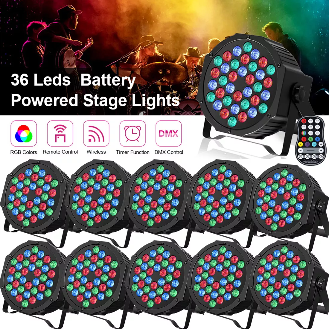 Rechargeable Stage Lights, 10pcs Wireless LED Par Lights DJ Uplights ...