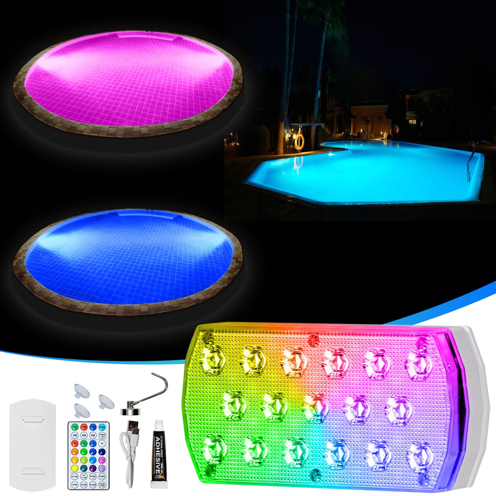 Rechargeable Submersible Pool Lights with Remote,Waterproof Underwater LED Lights with Suction ...