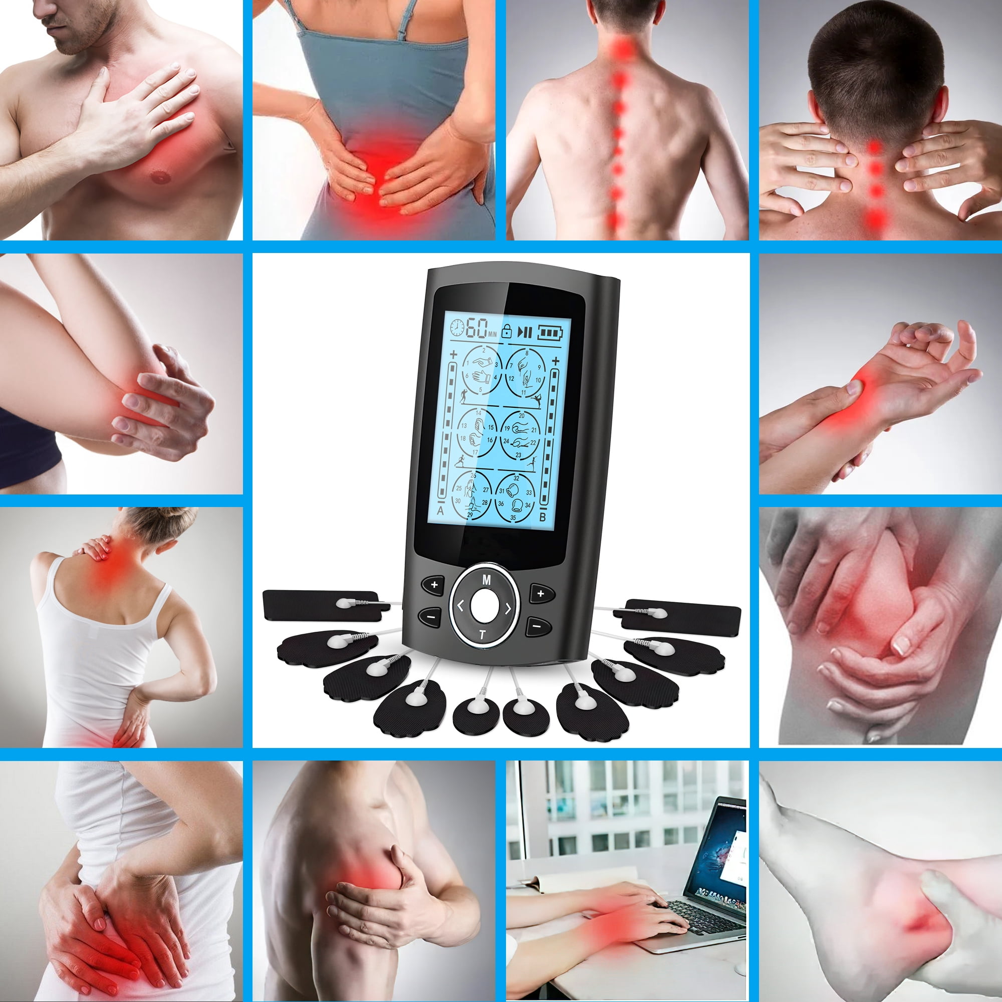 Rechargeable TENS Unit Muscle Stimulator, 10 Reusable Electrode Pads 24 ...