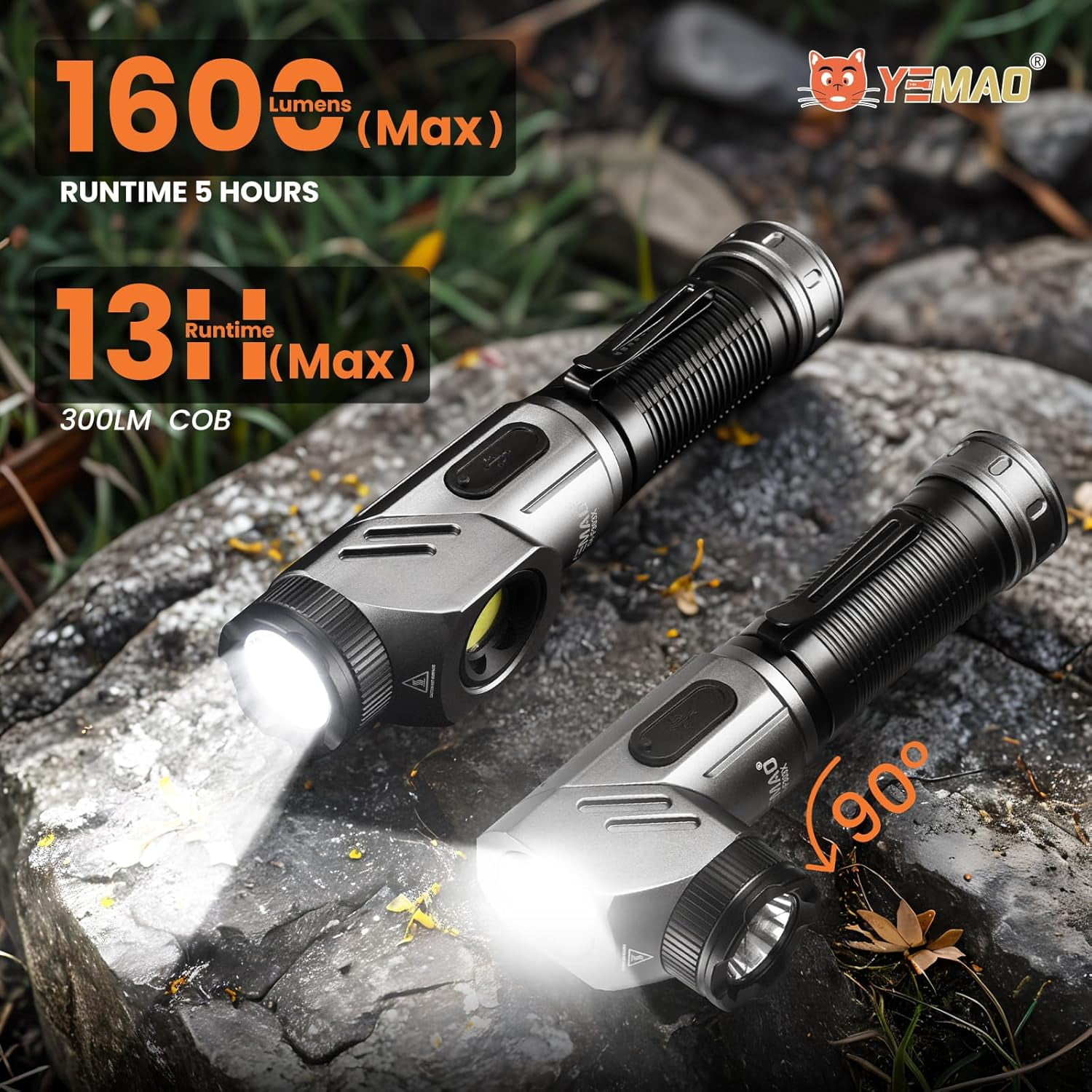 Rechargeable Tactical Flashlight 1600LM Dual Light Sources, 6 Modes, 90 ...