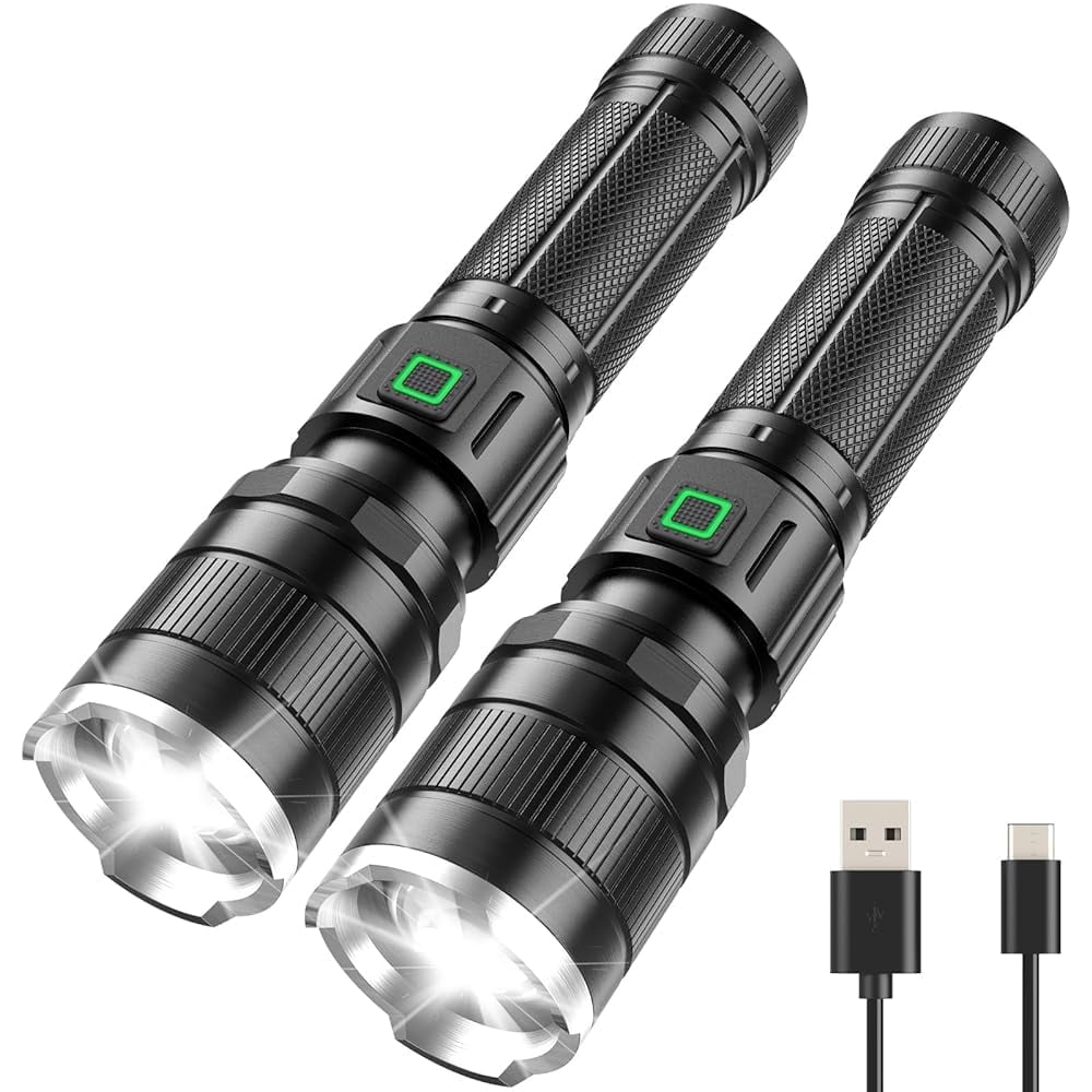 Rechargeable Tactical Flashlight 2000 Lumens 2 Pack, Brightest LED ...