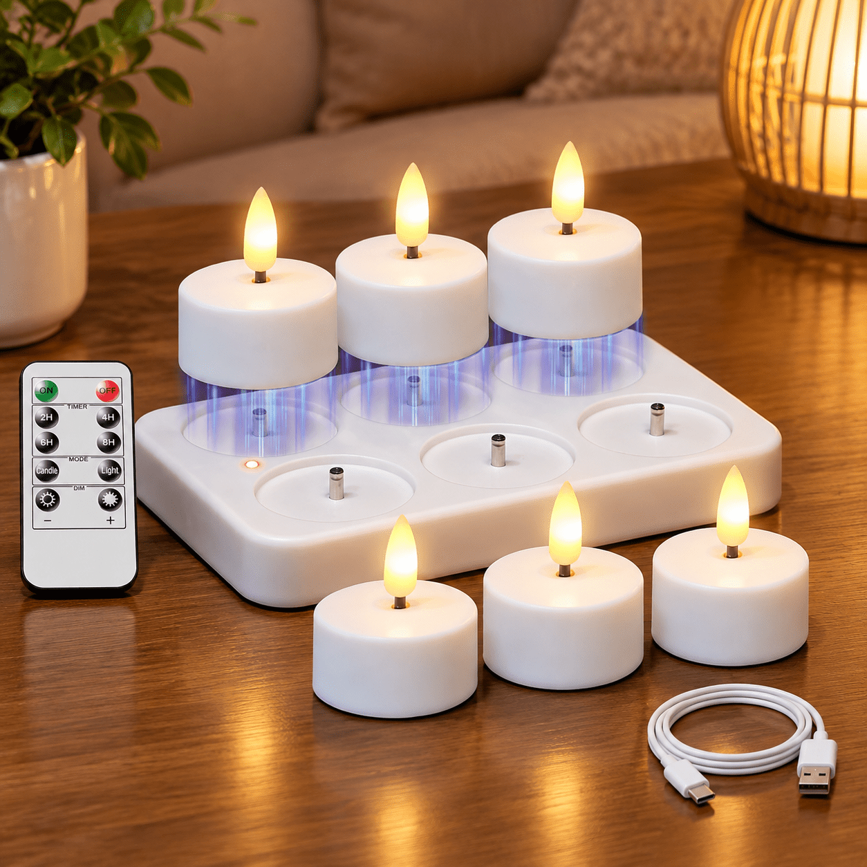 Rechargeable Tea Lights Candles Remote Timer Charging Base White ...