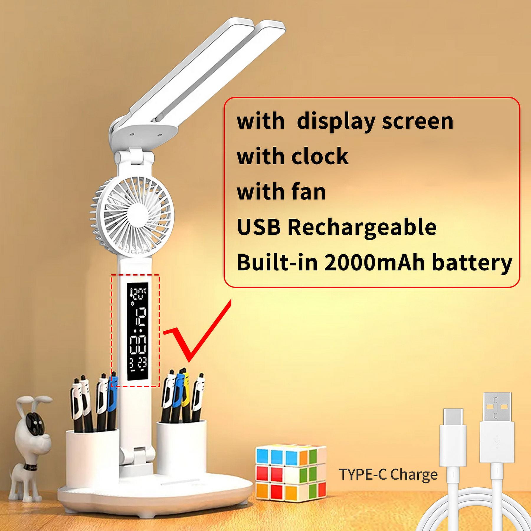 Rechargeable Touch LED Desk Lamp 2 Heads Table Light with Fan Calendar ...