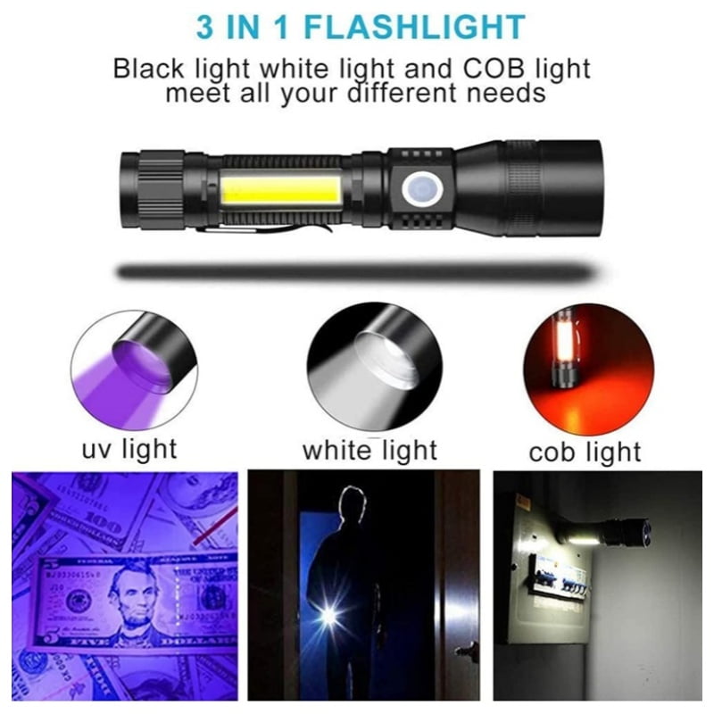 Rechargeable UV Flashlight, 3-in-1 Black Light LED Tactical Flashlight ...