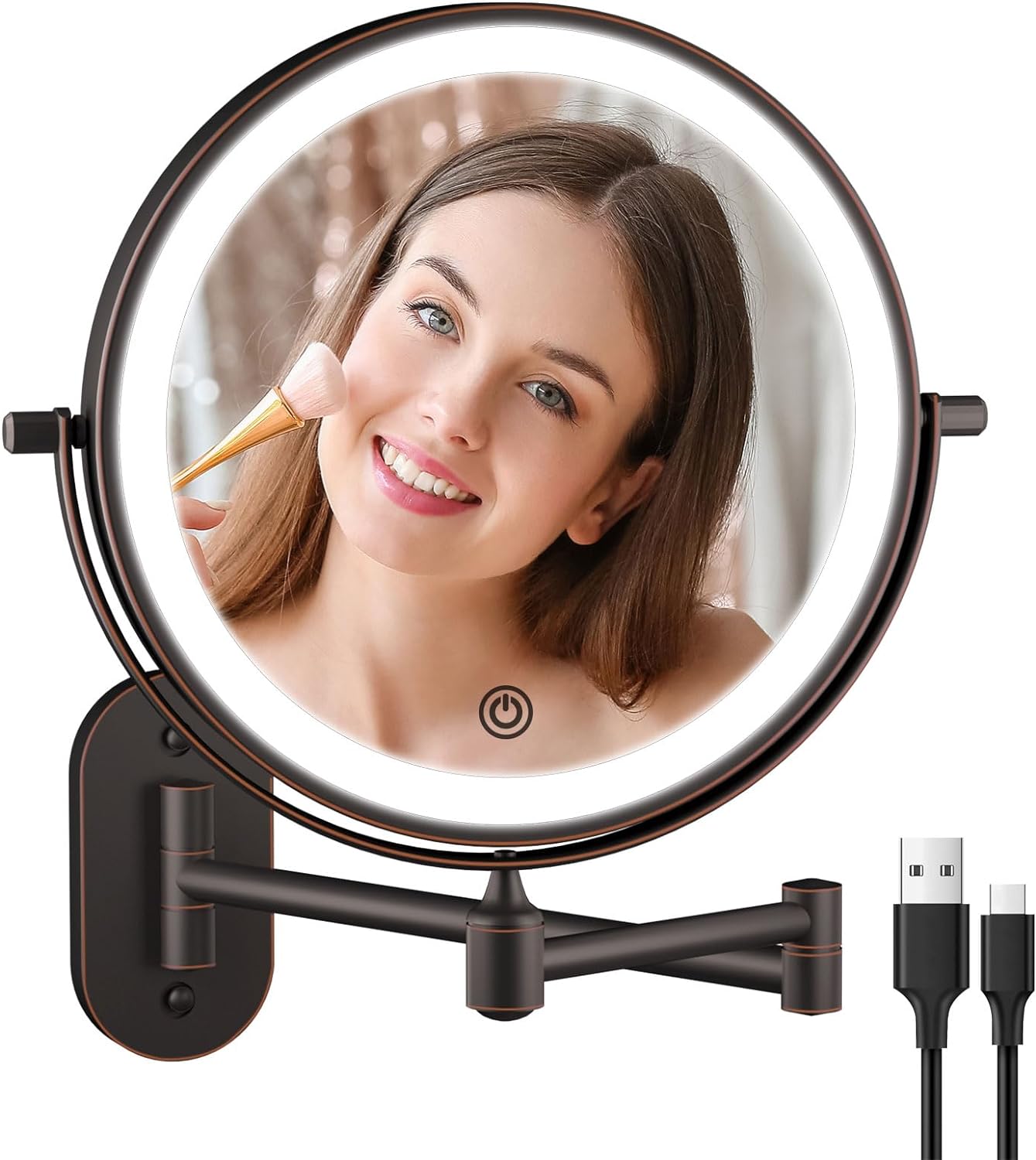 Rechargeable Wall Mounted 8 Inch Double Sided 1X 10X Magnifying Lighted Makeup Vanity Mirror, 3 ...
