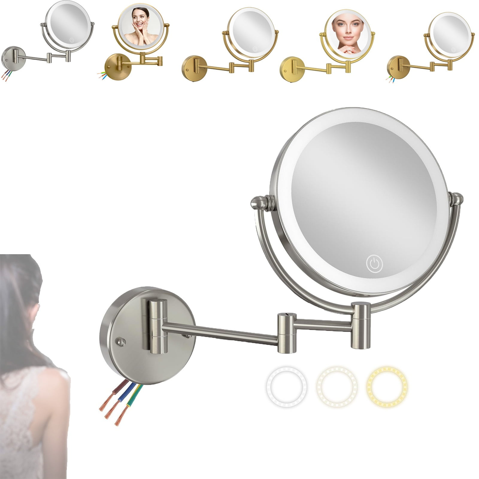 Rechargeable Wall Mounted Lighted Makeup Mirror 1X/10X Magnification, 8 ...