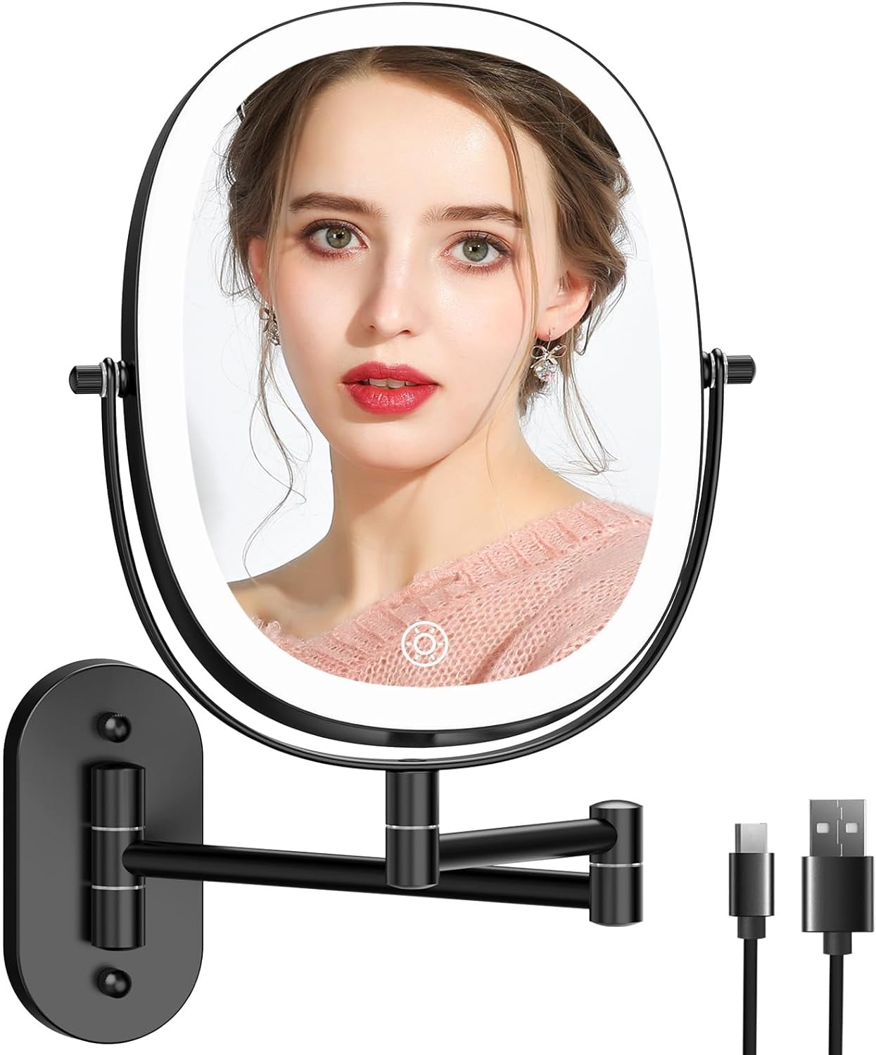 Rechargeable Wall Mounted Lighted Makeup Vanity Mirror, Double Sided 1X ...