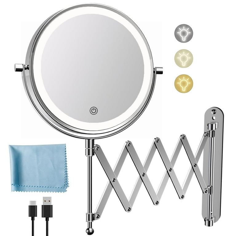 Rechargeable Wall Mounted Makeup Mirror 8 Inch Double Sided 1X 10X Magnifying Mirror with 3 Color Lights Dimmable Touch Screen 360 Swivel 19.6 Inch Extendable Accordion Bathroom Mirror Black Walmart.c...