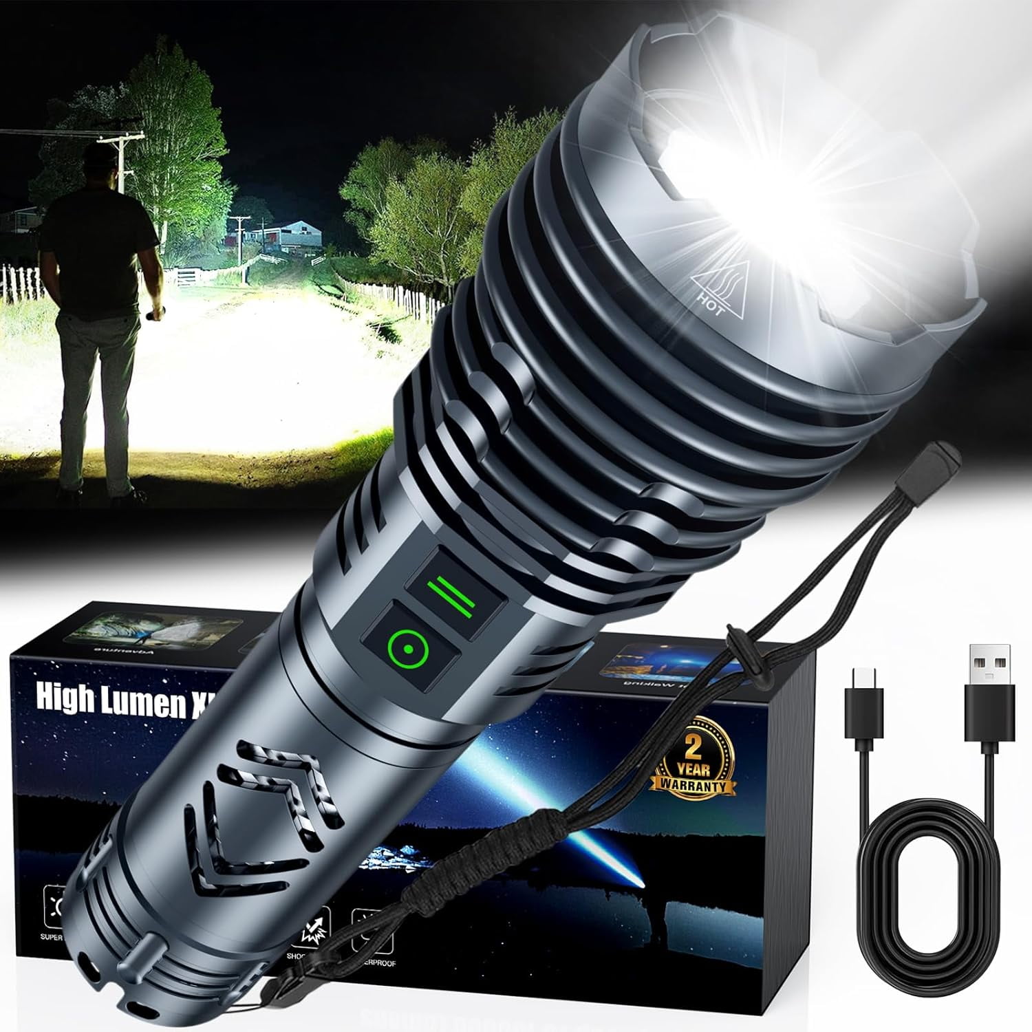 Rechargeable flashlight, ultra-bright LED flashlight, tactical powerful ...