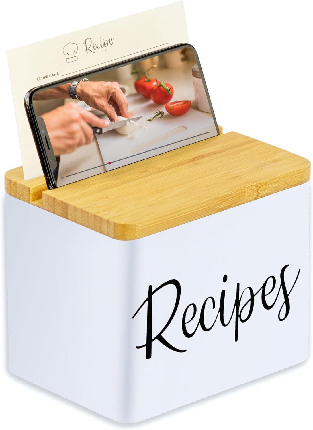 Recipe Box With Cards and Dividers - White Metal Body, Wooden Lid with ...