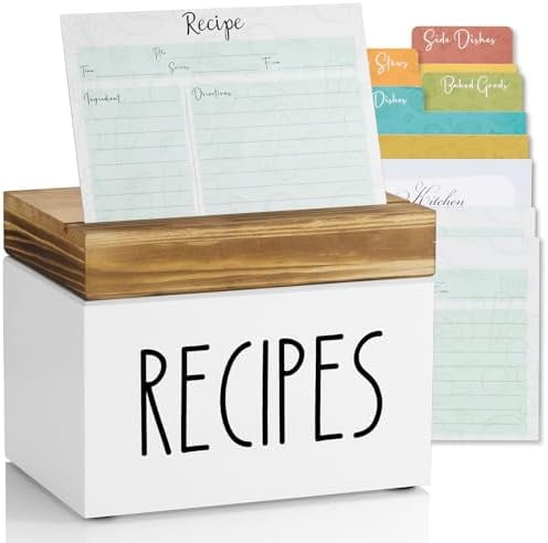 Recipe Box, Wood Recipe Card Box Set, Recipe Box with 100 Cards and 6 ...