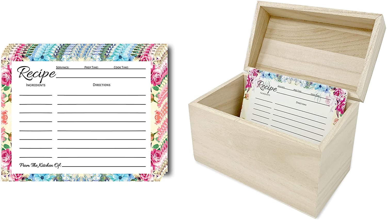 Recipe Box with 50 Count Floral Recipe Cards, Recipe Card Box, Recipe ...