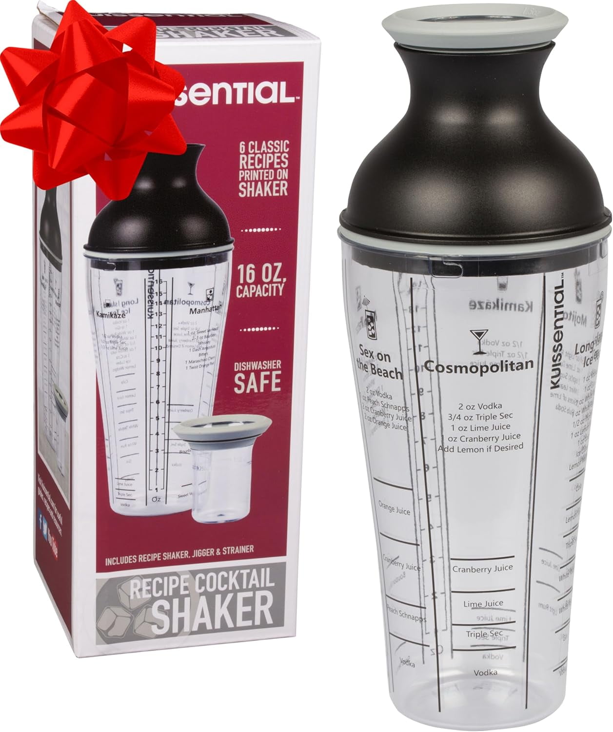 Recipe Cocktail Shaker 16 oz with Jigger, Strainer 6 Printed Mixed ...