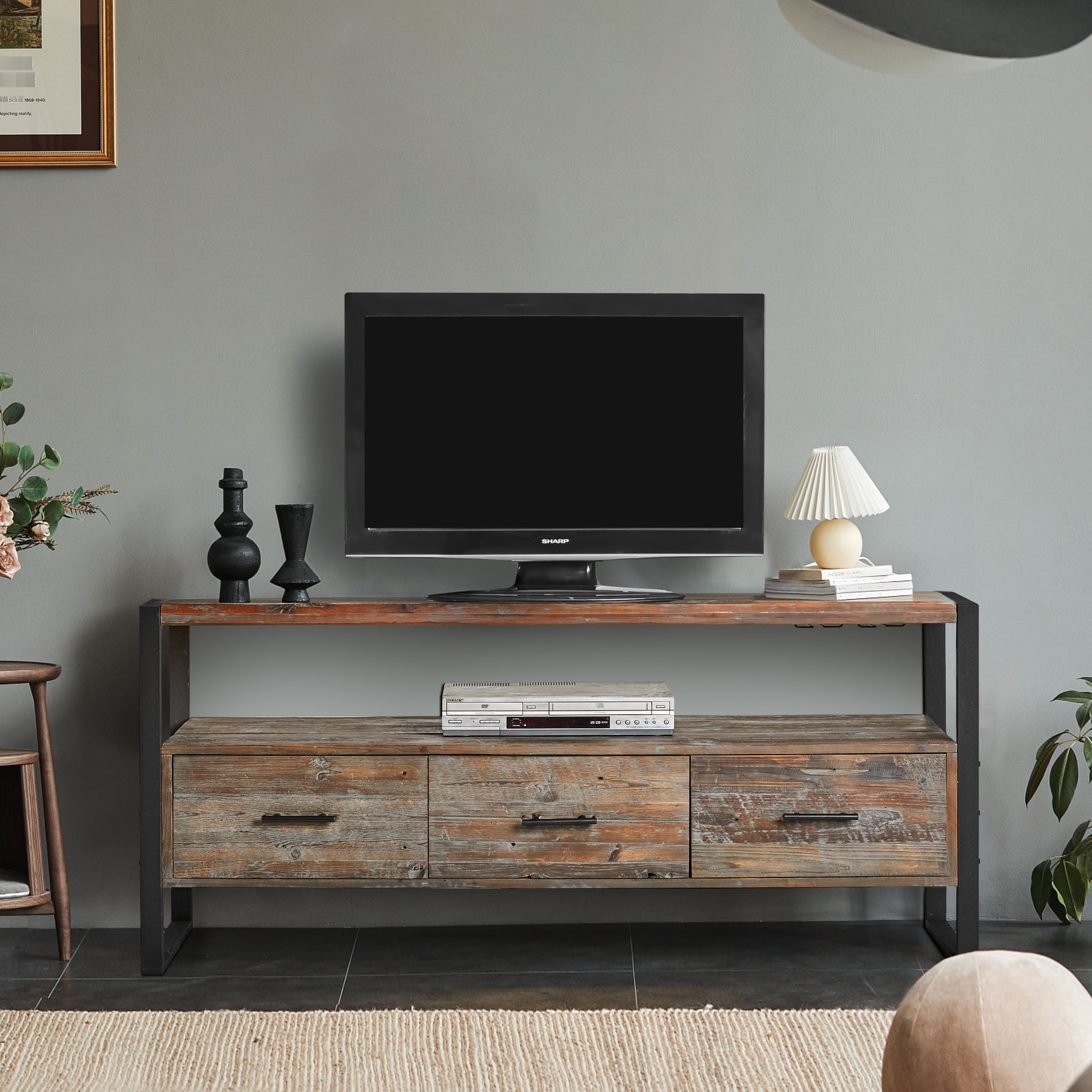 Reclaimed Wood Media Tv Console Table, 60 Inch With 3 Drawers, Open ...