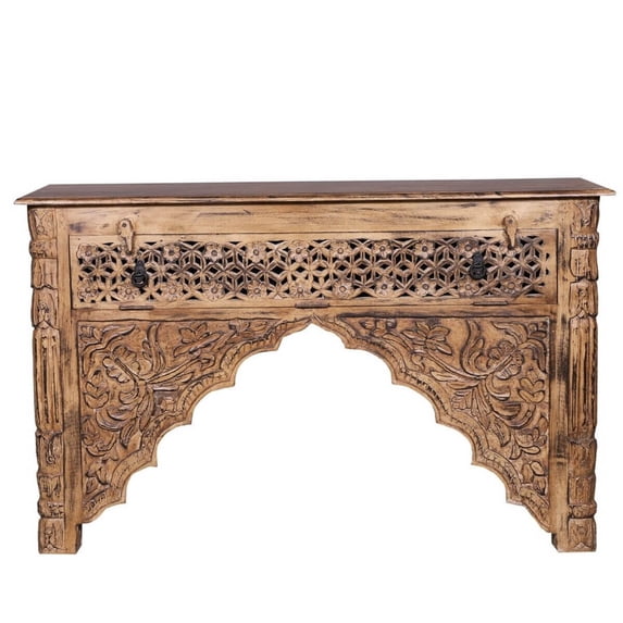 Reclaimed wood traditional hand carved console table, natural handmade ...