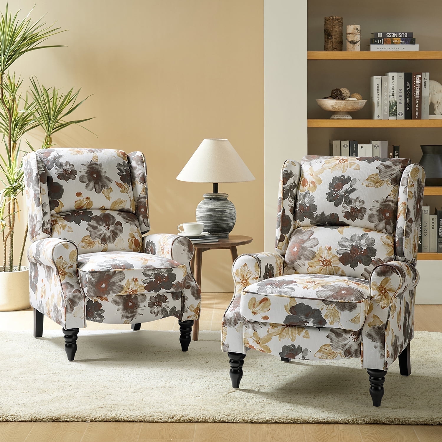 Mid-Century 2 Easy Reclining Wingback Chairs, Floral Accent, Manual ...