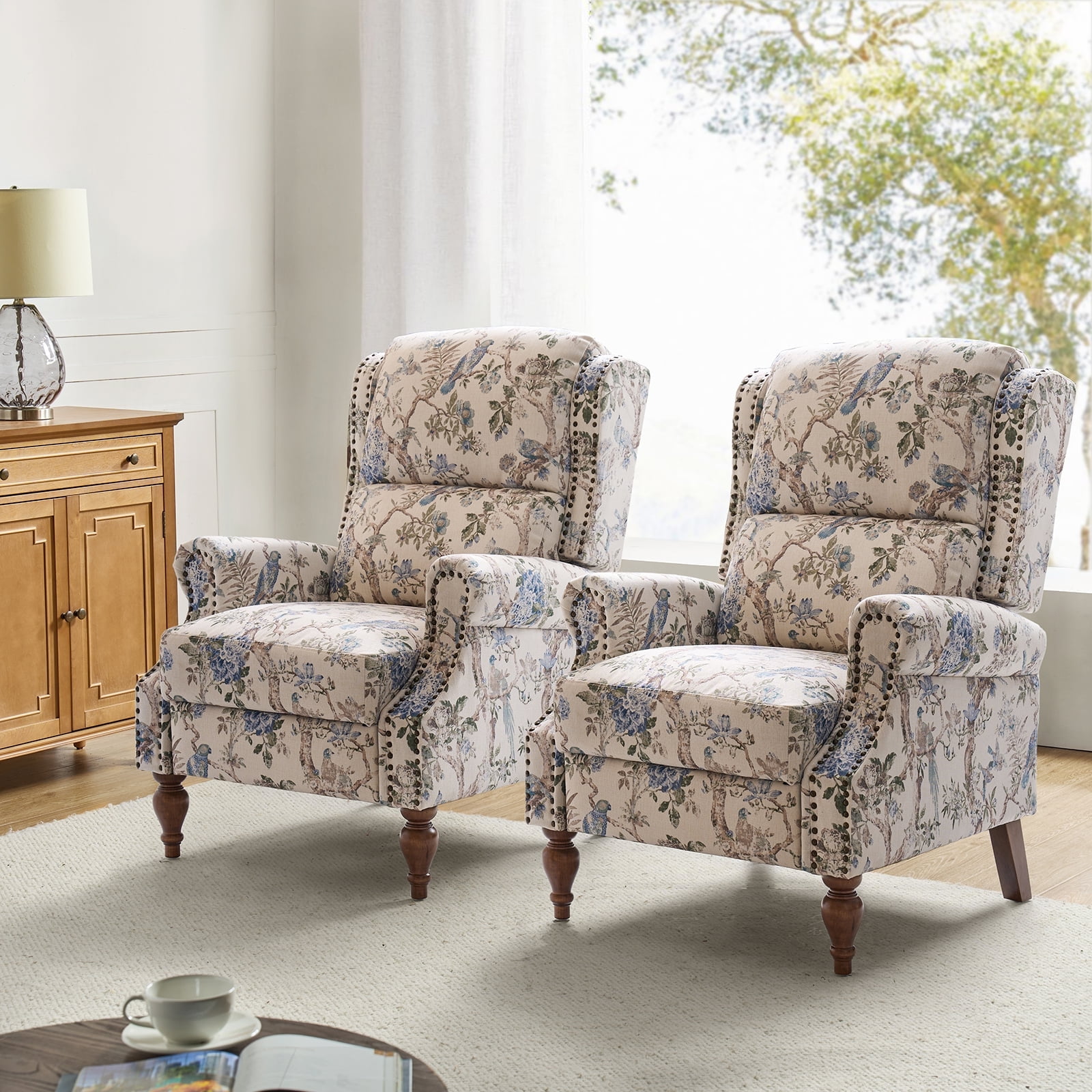Recliner Chairs Set of 2 Push Back Upholstered Mid Century Wingback ...