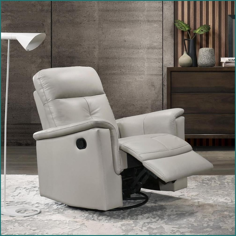 Recliner, Modern Silver Top Grain Leather Swivel Glider with Manual ...