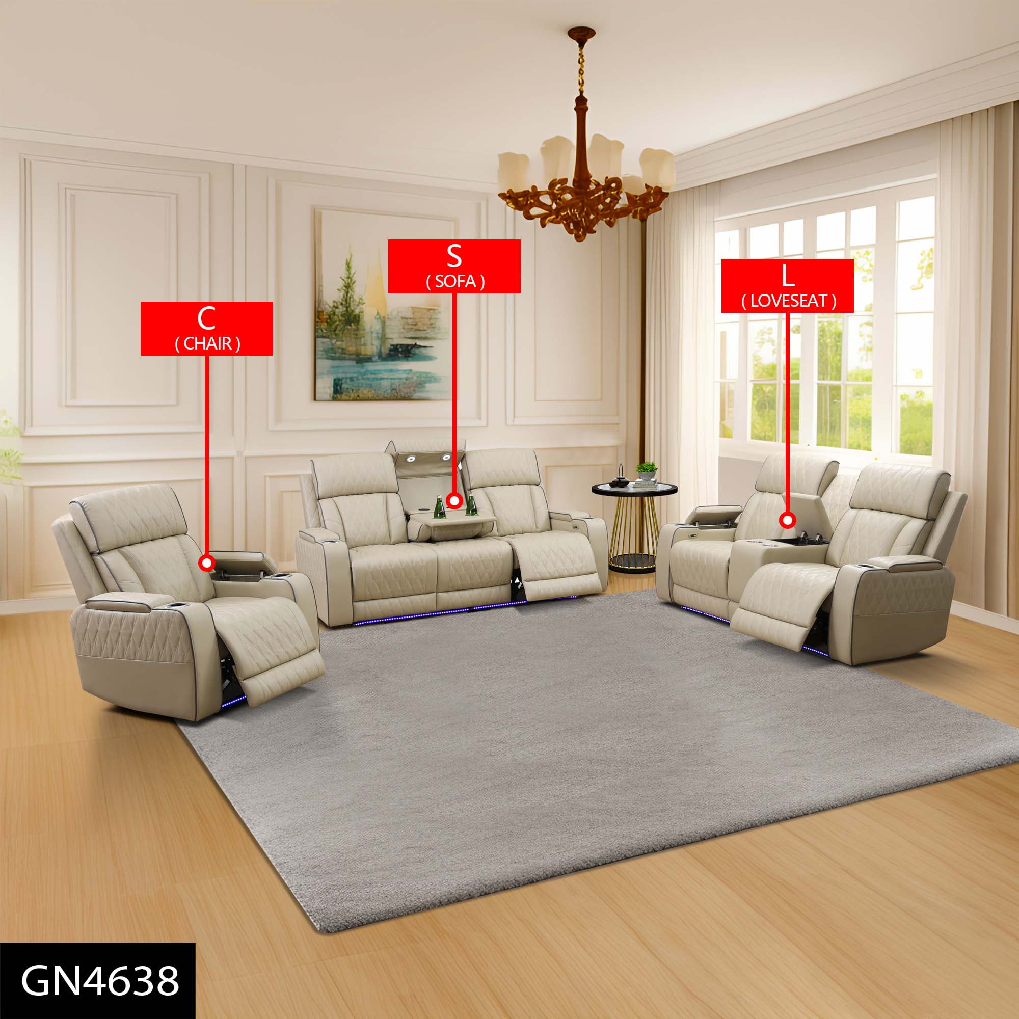 Recliner Sofa Set with LED Lights, Living Room Furniture Set, Breathing ...