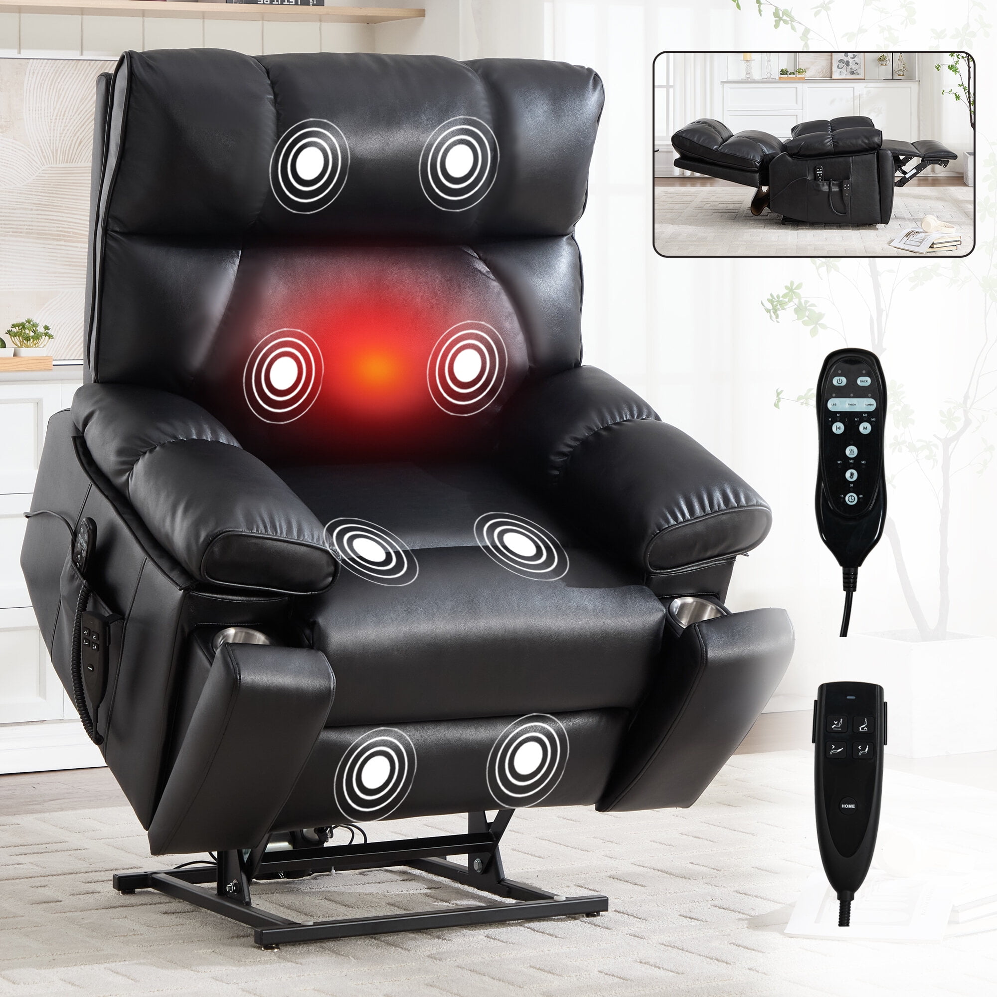 Recliners and Massage Chairs Black Leatheraire Heat Massage Dual Motor ...