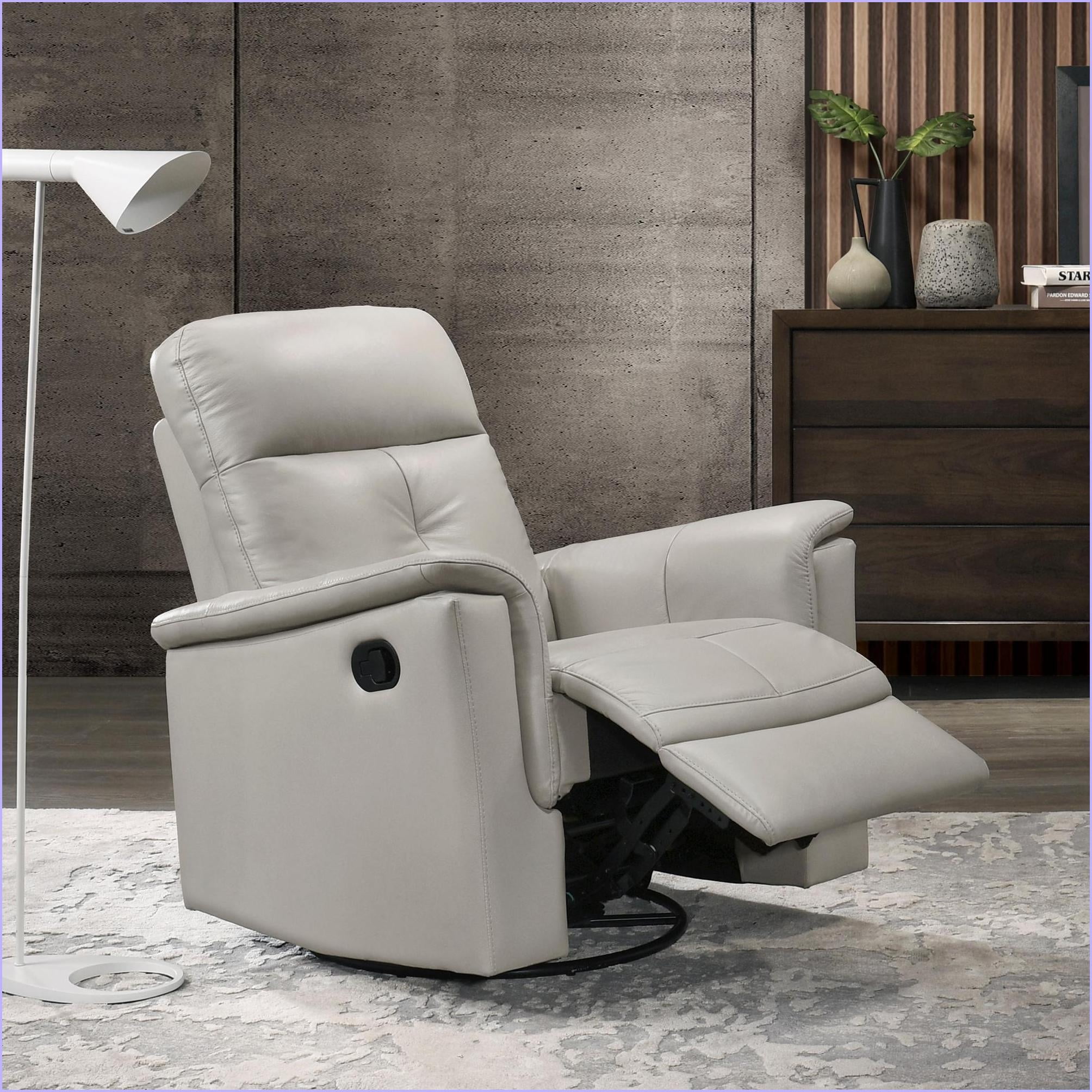 Recliners, Modern Brushed Silver Top Grain Leather Swivel Glider ...