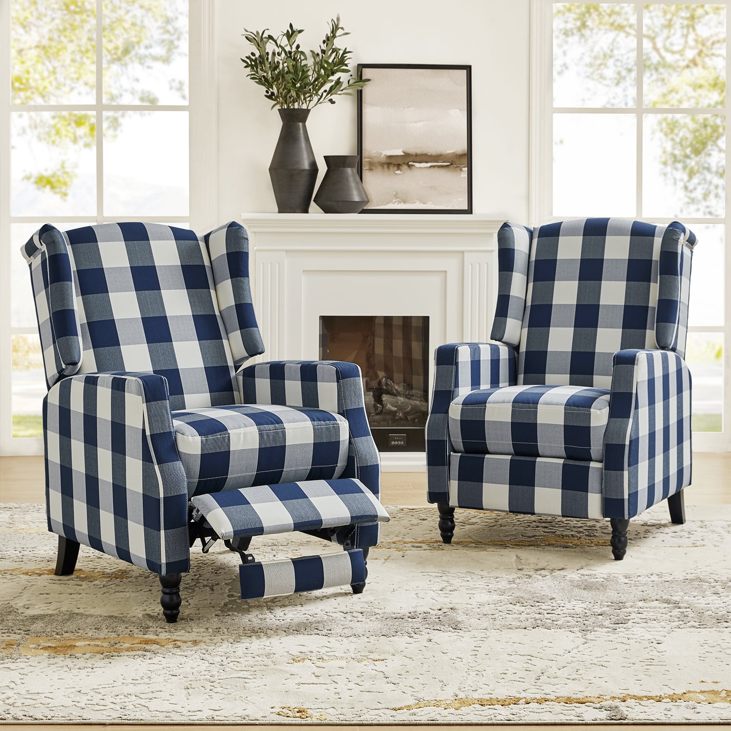 Push Back Recliner Chair Set of 2 Wingback Manual Fabric Upholstered ...