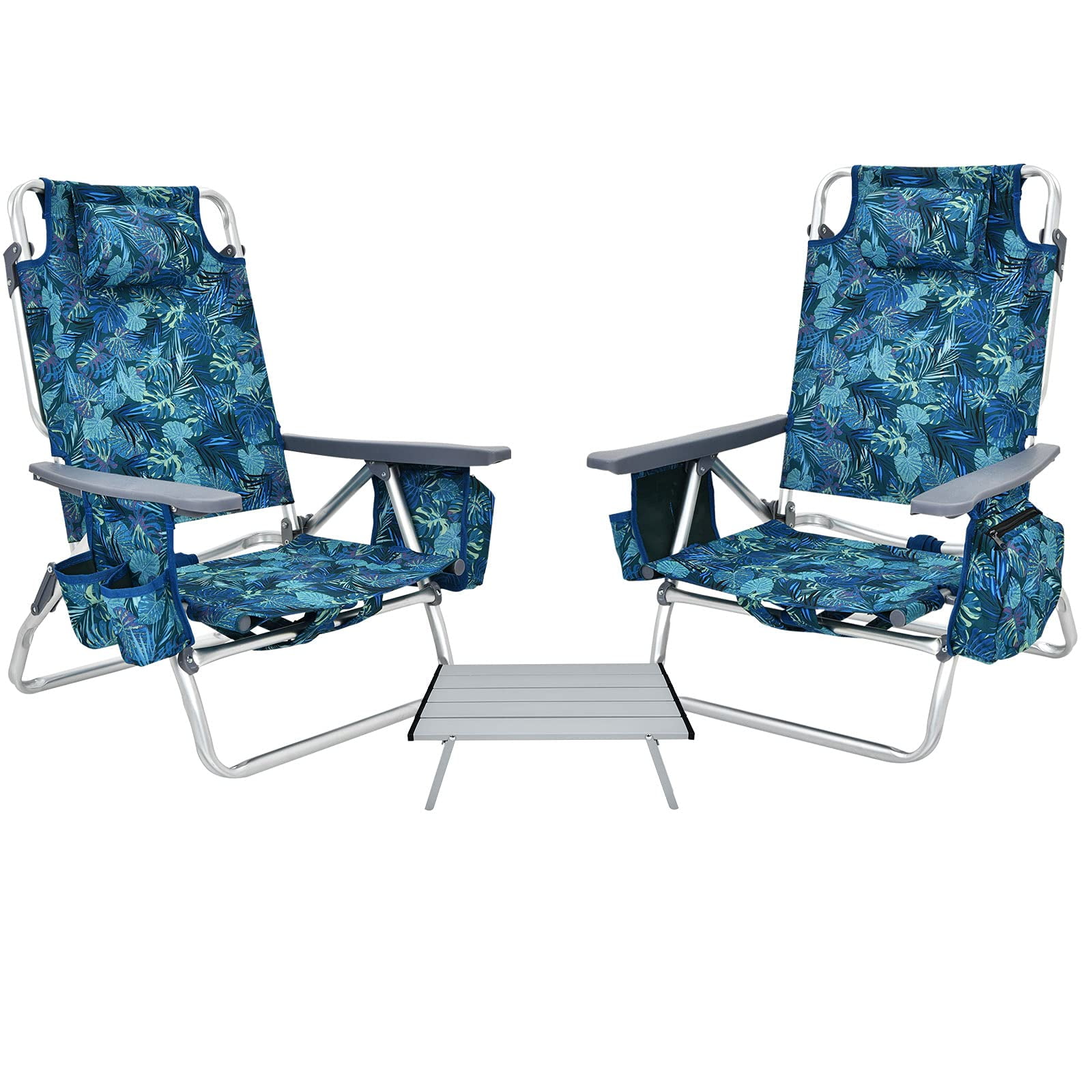 Reclining Beach Chairs 2 Pack with Armrests Cooler Pouch Side Pockets ...